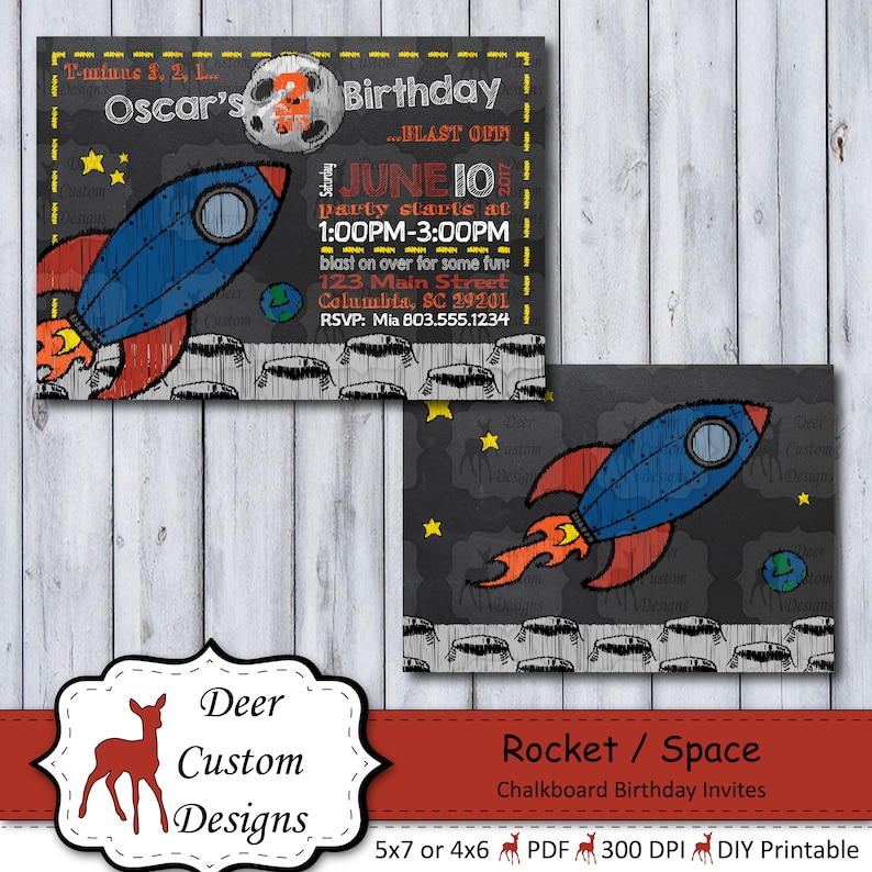 Rocket Birthday Invitation Space Chalkboard Birthday Invite - Etsy