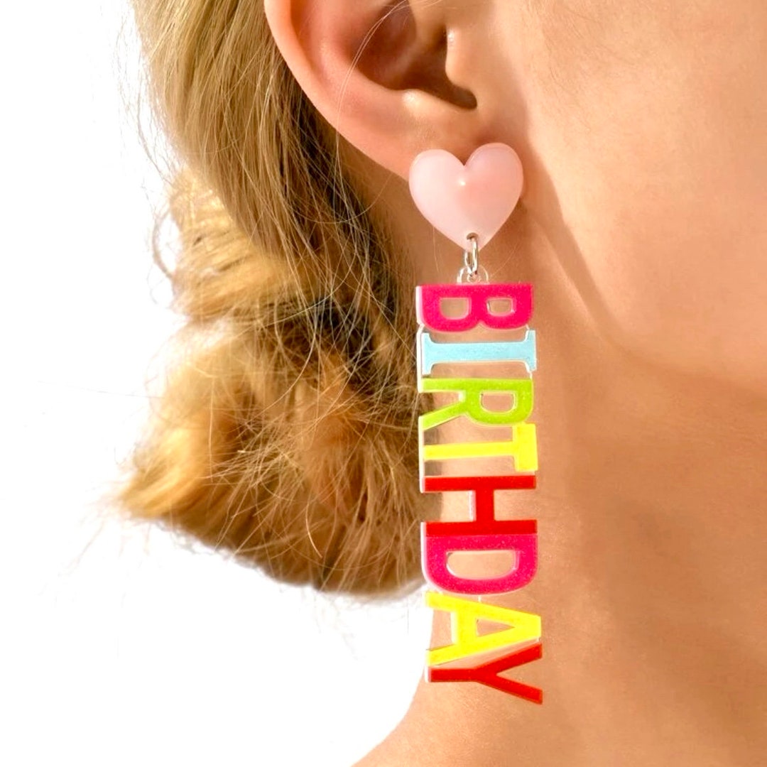 Rainbow Acrylic Glitter Happy Birthday Stud Earrings - Etsy
