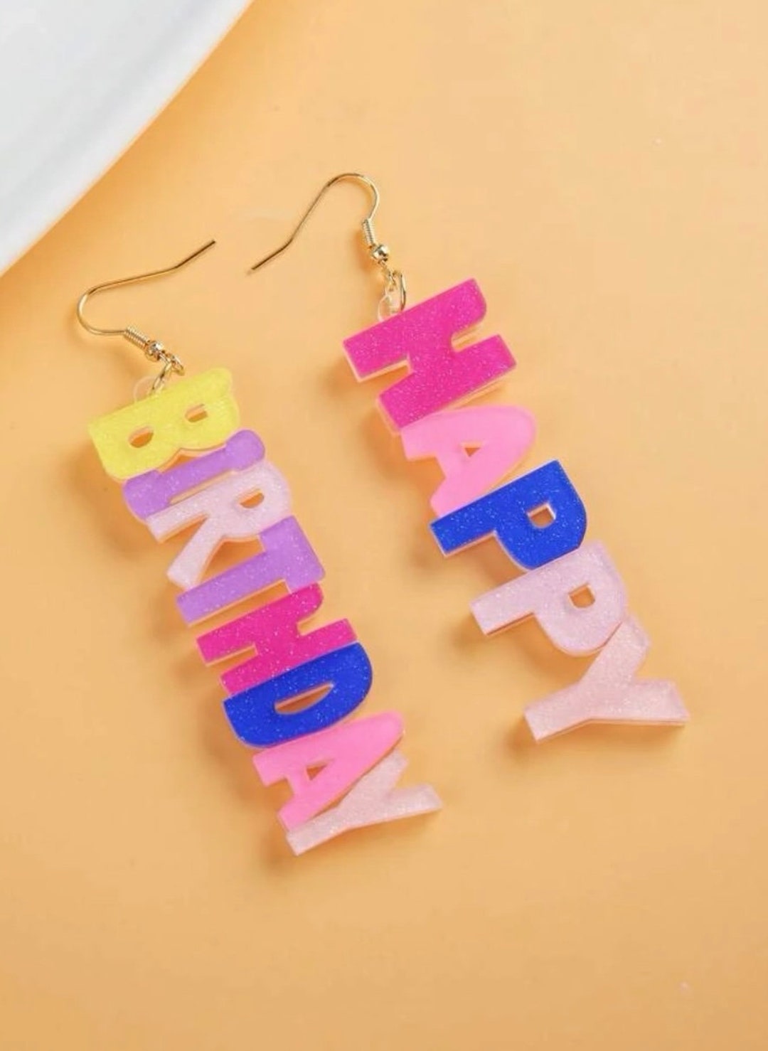 Rainbow Acrylic Glitter Happy Birthday Drop Earrings - Etsy