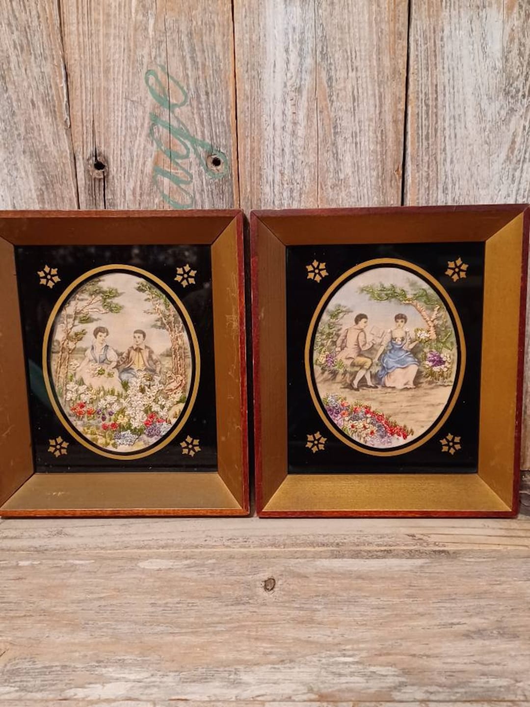 Antique 1830's Embroidery on Silk With Reverse Painted Wood Frames ...