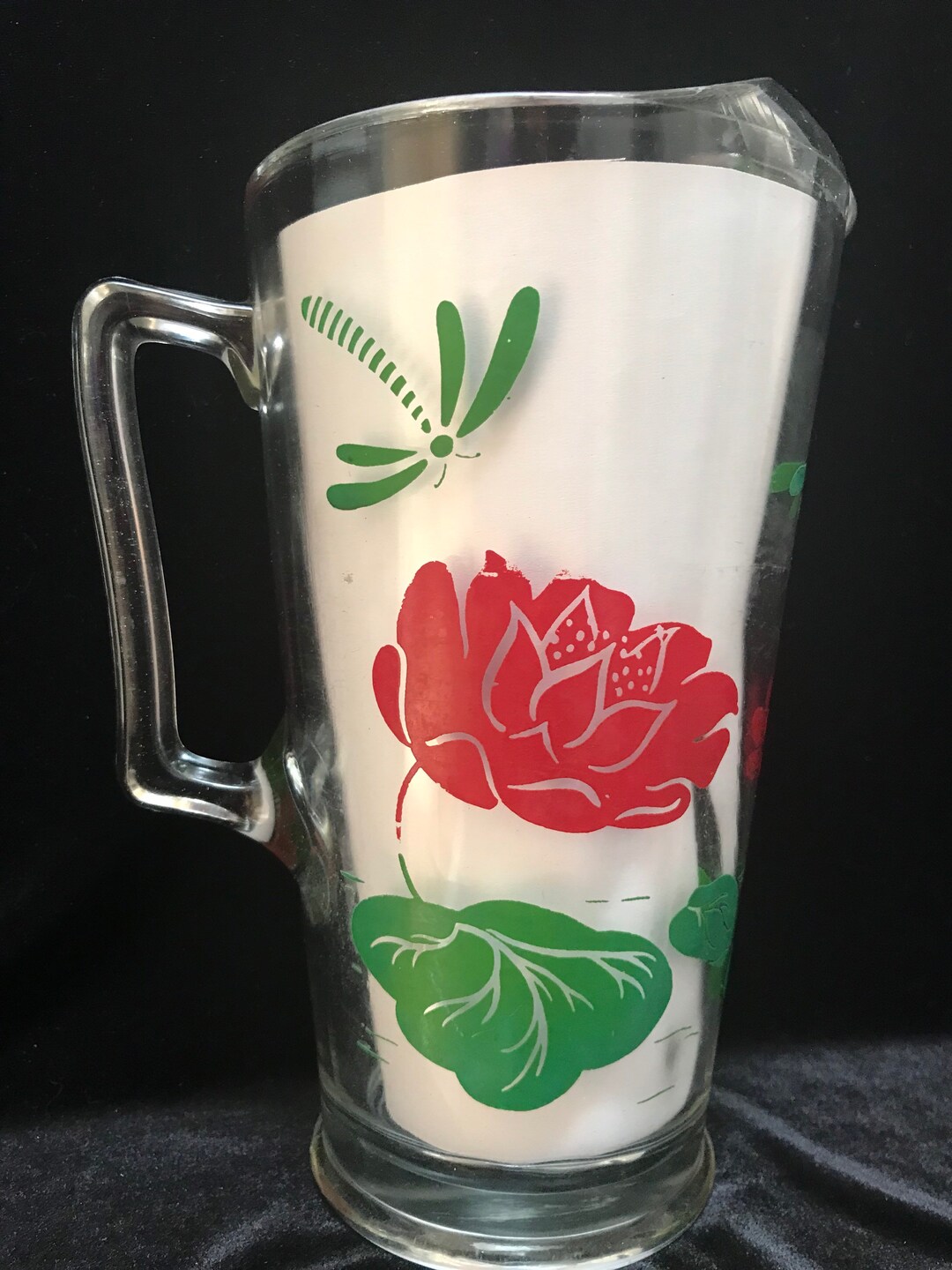 Retro Red Green Pitcher With Dragonflies, Pink Lemonade Stand Glass ...