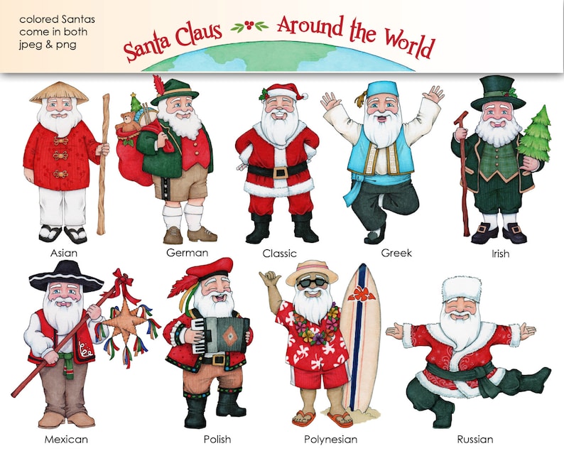 Santa Claus Around the World Digital Clip Art Coloring Pages - Etsy