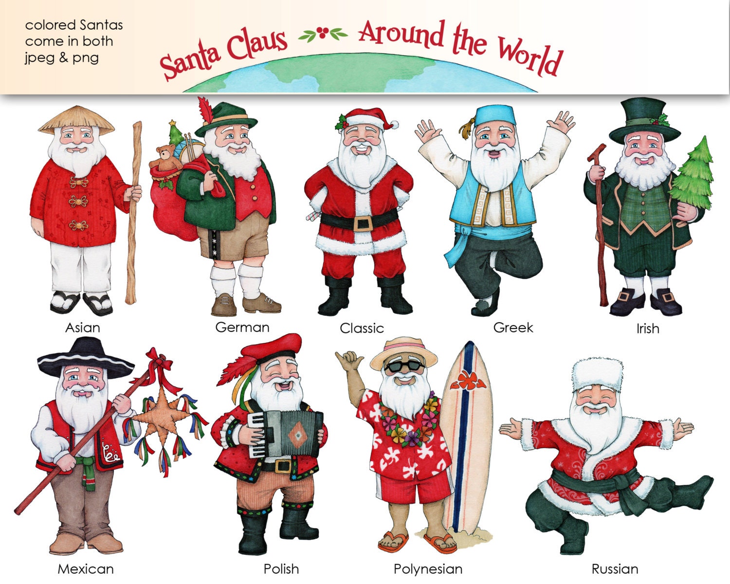 Santa Claus Around the World Digital Clip Art Coloring Pages - Etsy