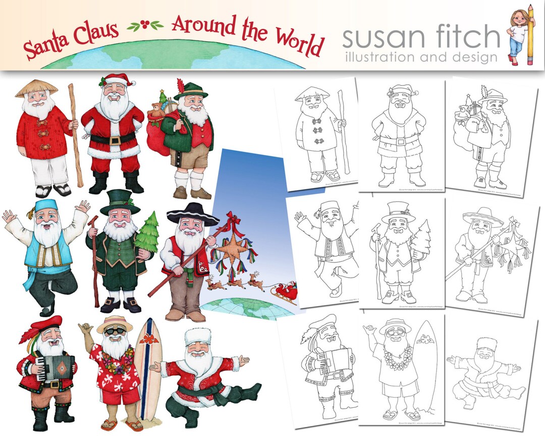 Santa Claus Around the World- Digital Clip Art, Coloring Pages and ...