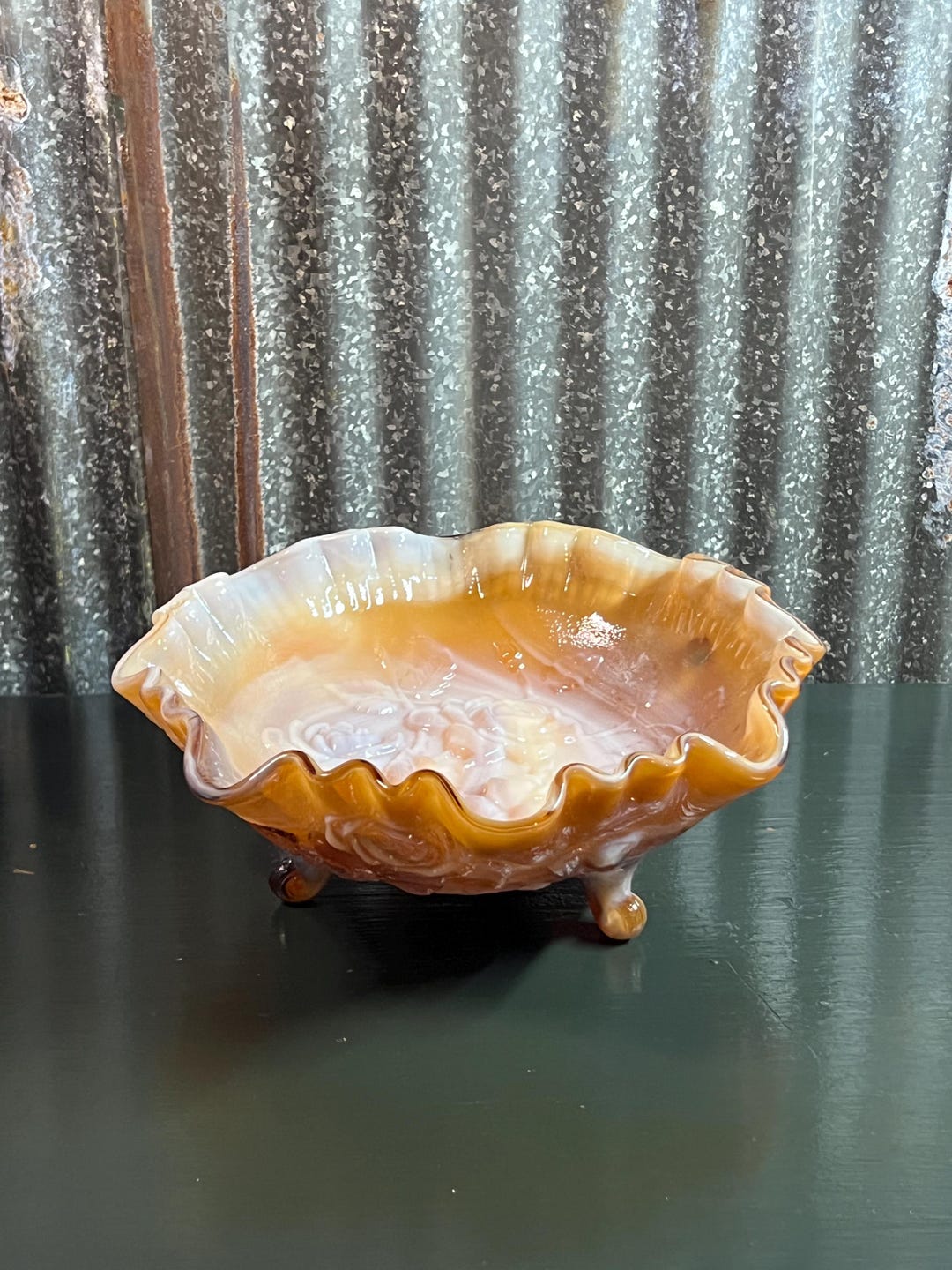 Vintage Imperial Caramel Slag Glass Embossed Rose Bowl Ruffled Edge MCM ...