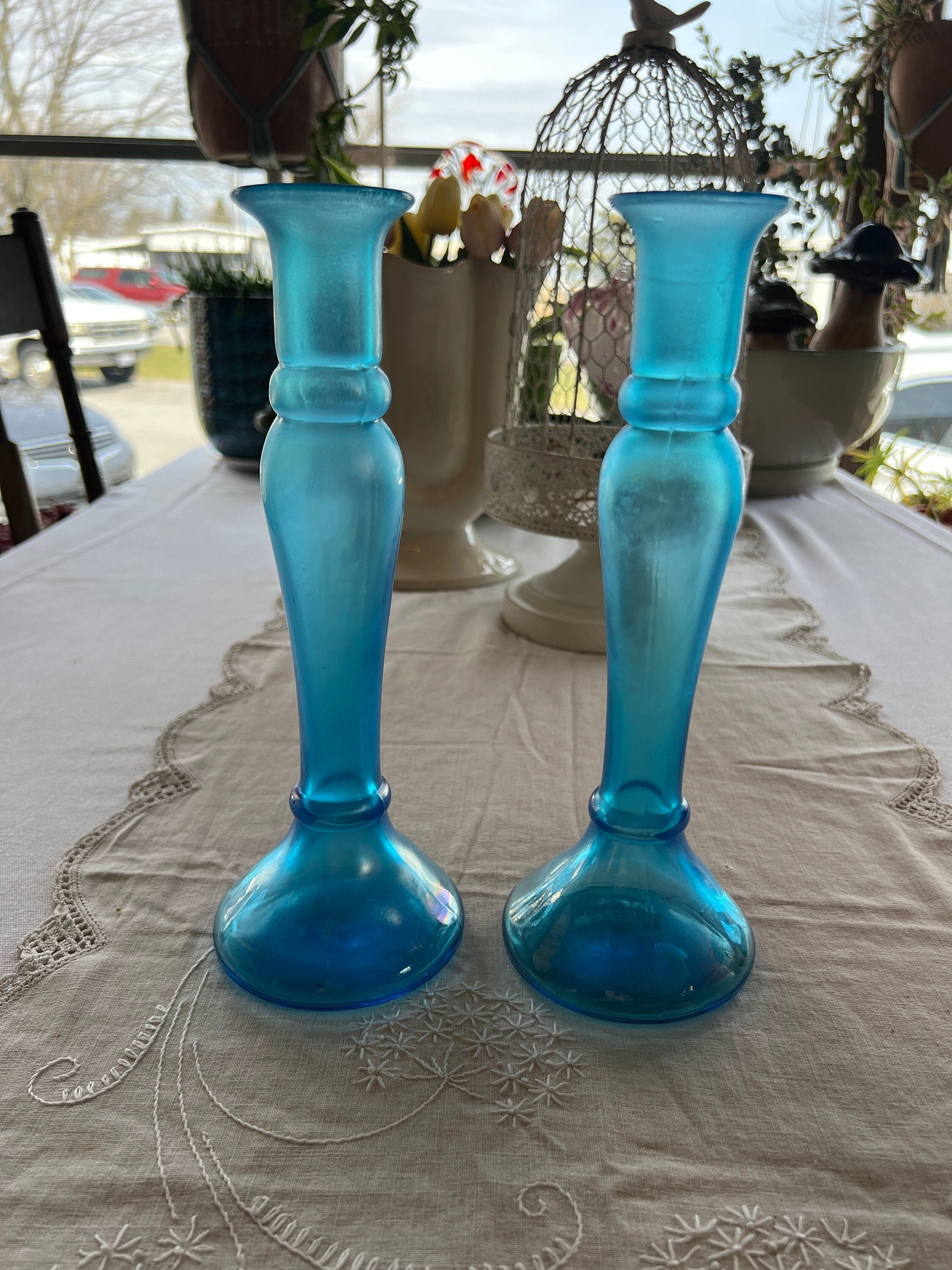 Dugan Celeste Blue Stretch Glass Candlestick Holder Vase Set - Etsy