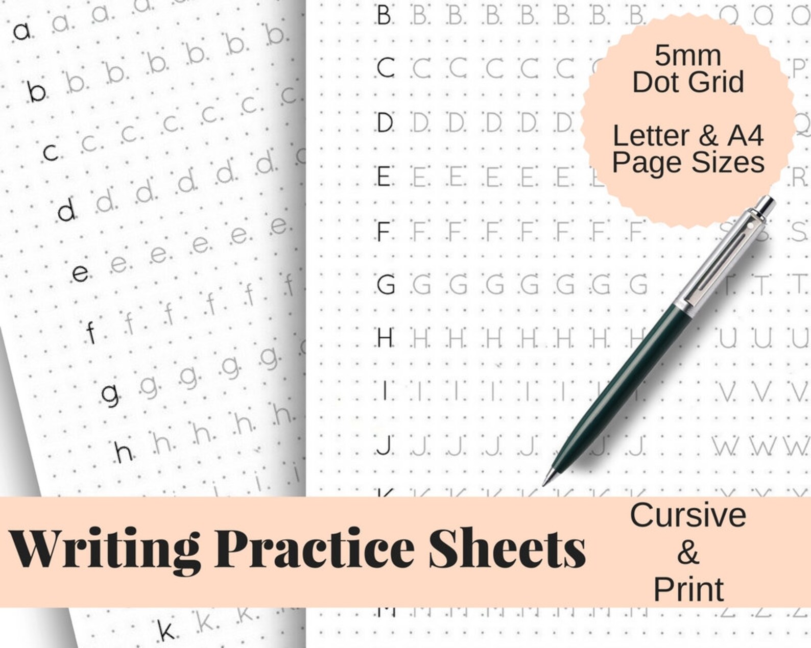 Handwriting Practice Sheets, Cursive and Print, 5mm Dot Grid for Bullet ...