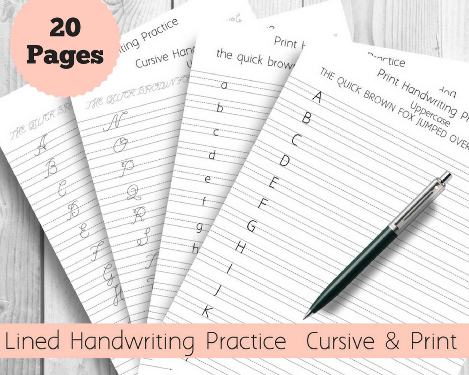 Handwriting Practice Sheets Bundle, Cursive and Print, Lined Pages ...