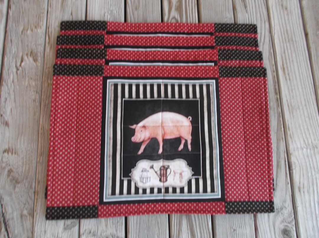 Americana Farm Pink Hog Cotton Quilted Placemats, Amish Farm Animal ...
