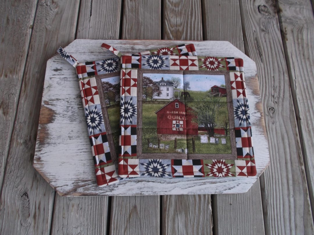 Amish Country Red Barn Cotton Quilted Potholders, Americana Novelty ...