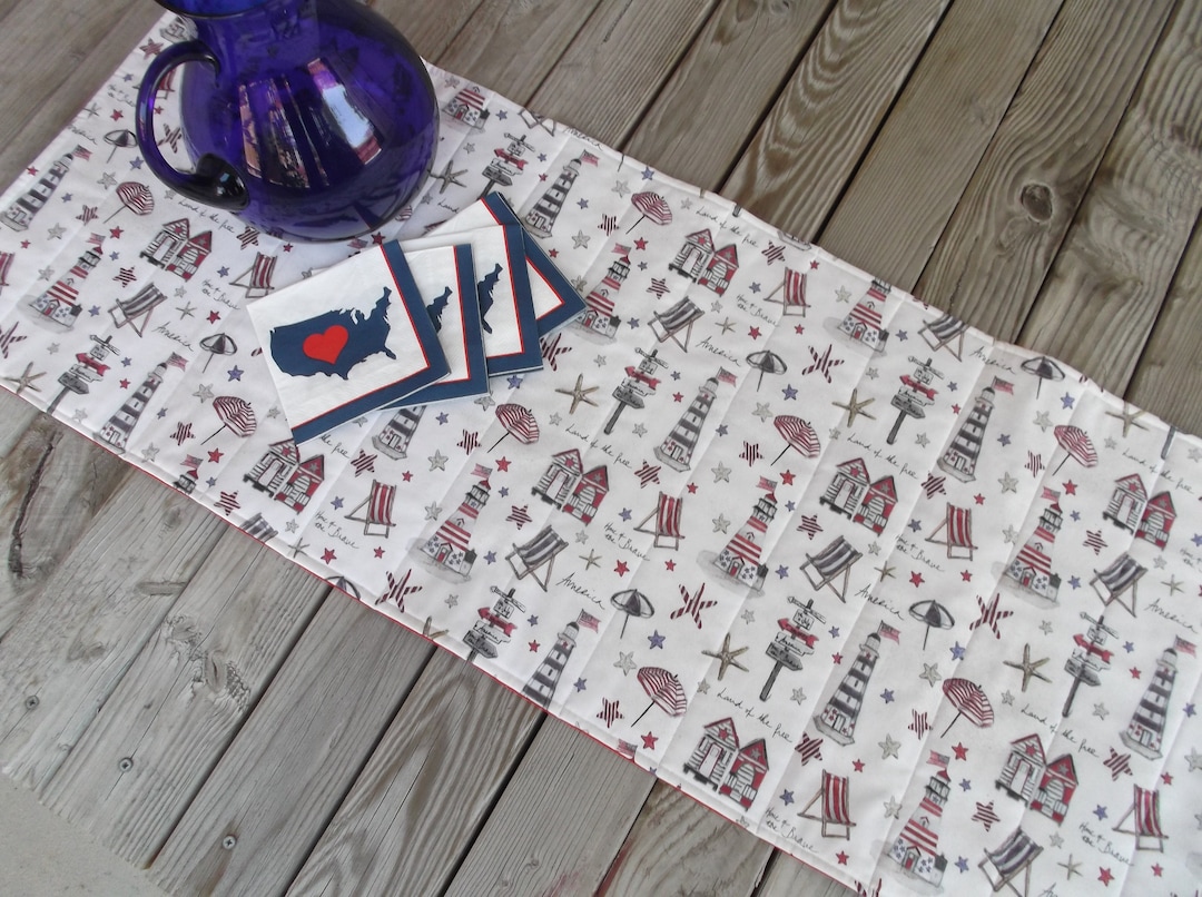 Beach Patriotic Table Topper, Quilted Sideboard Topper, Buffet Table ...