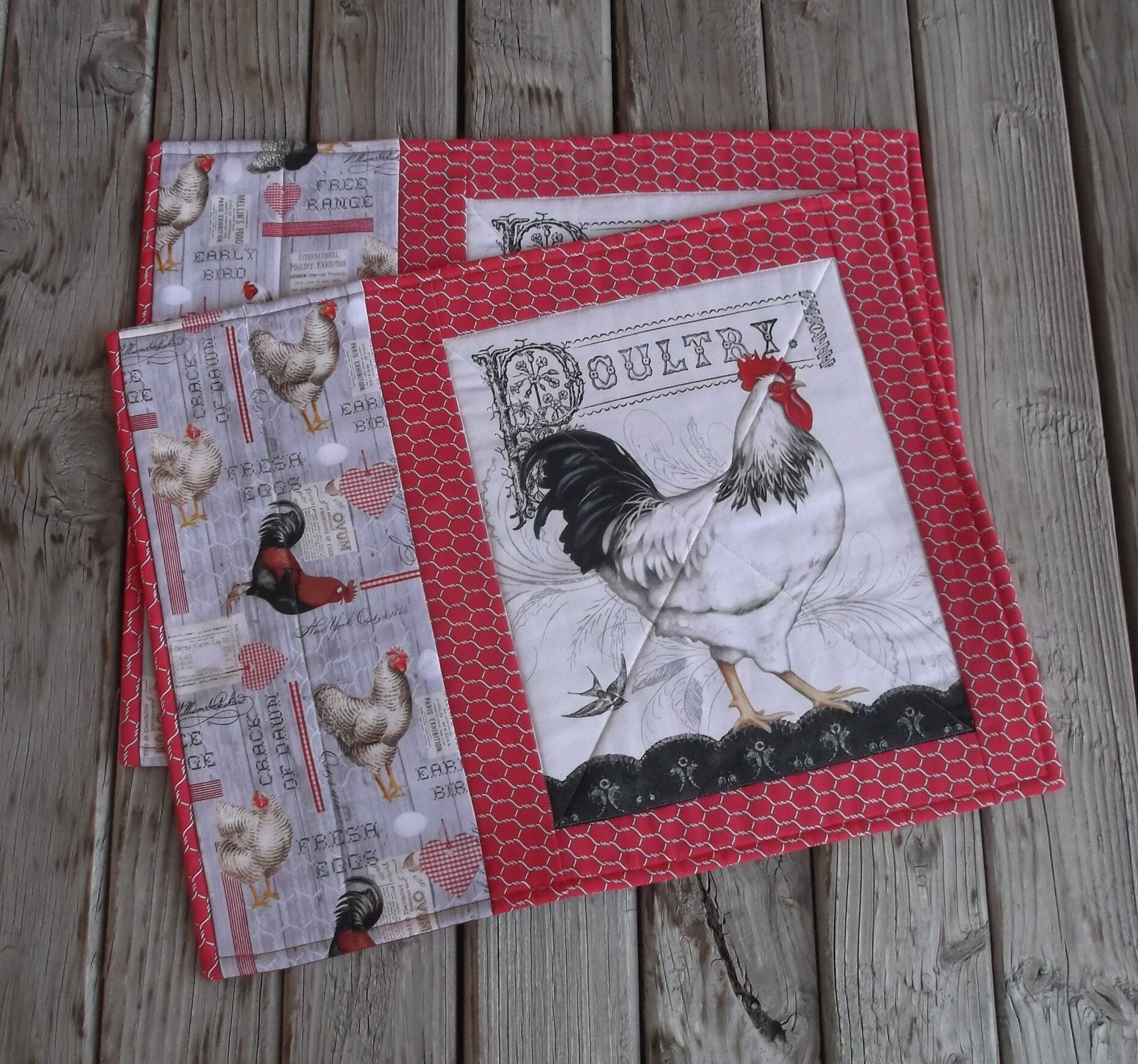 Poultry Handmade Placemats, Quilted Cotton Rooster Placemats, Farm ...