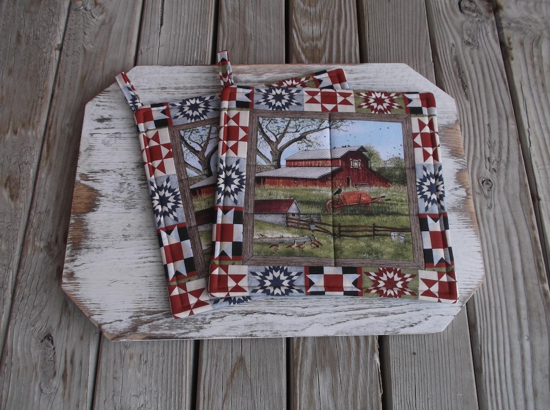 Amish Country Barns Cotton Quilted Potholders, Americana Novelty ...
