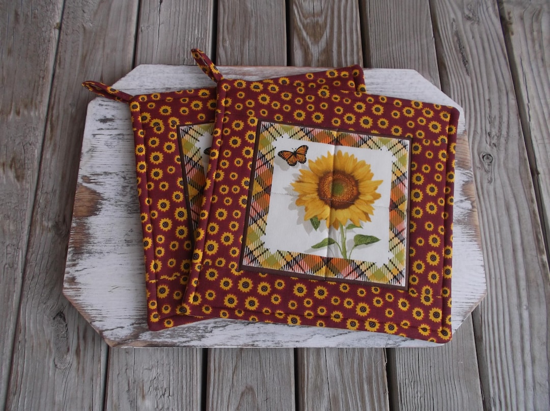 Autumn Sunflower Cotton Quilted Potholders, Fall Flower Novelty Trivets ...