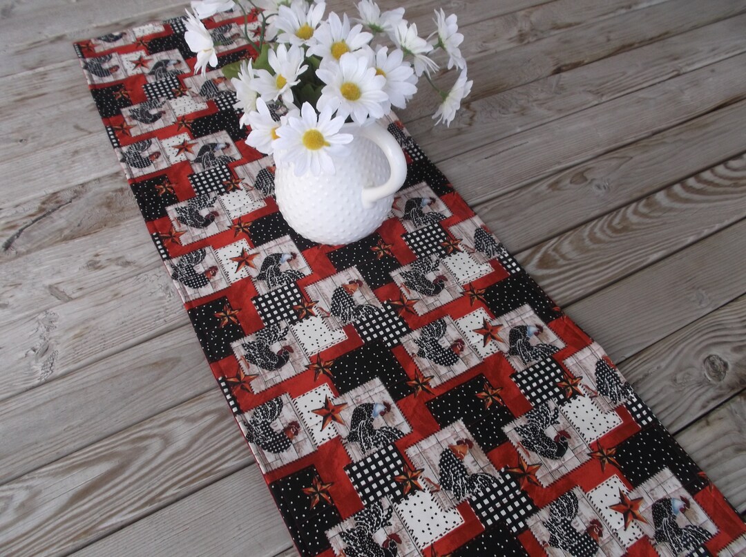 Proud Rooster Block Print Table Runner, Cotton Quilted Rooster Table ...