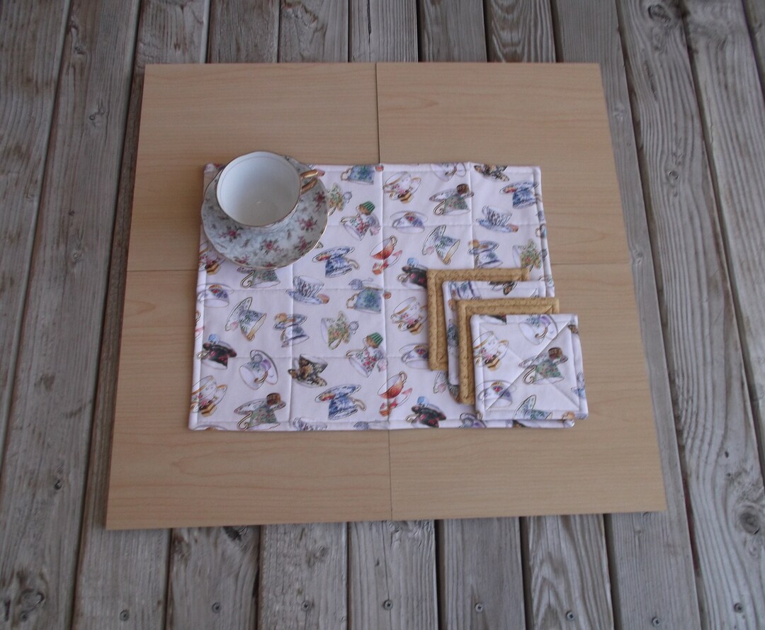 Tea Station Mat, Cotton Quilted Mat Set, Tea Cup Rugs, Tea Cup Coasters ...