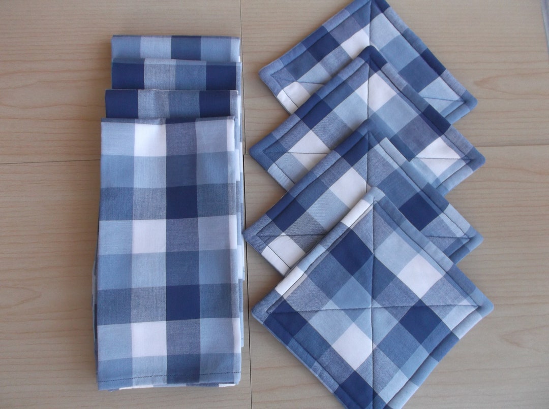 Navy White Cotton Check Napkins and Coasters, Party Table Decor ...