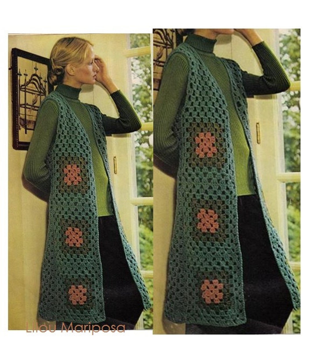 Crochet TOP Pattern Vintage 70s Granny Square Long Vest- Sweater Cover ...