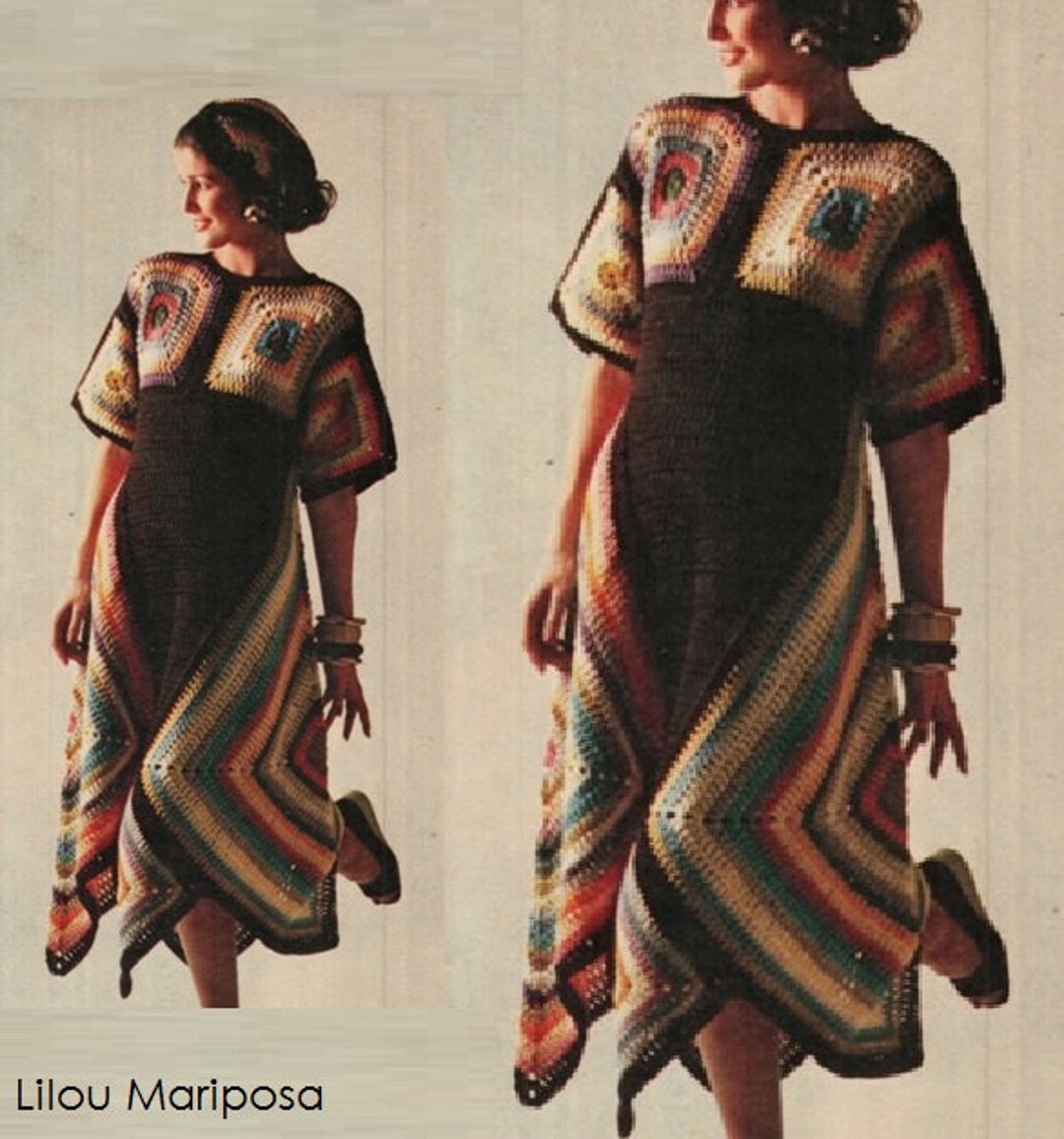 Vintage Crochet Pattern-70s Granny Square Dress Sweater Boho Bohemian ...