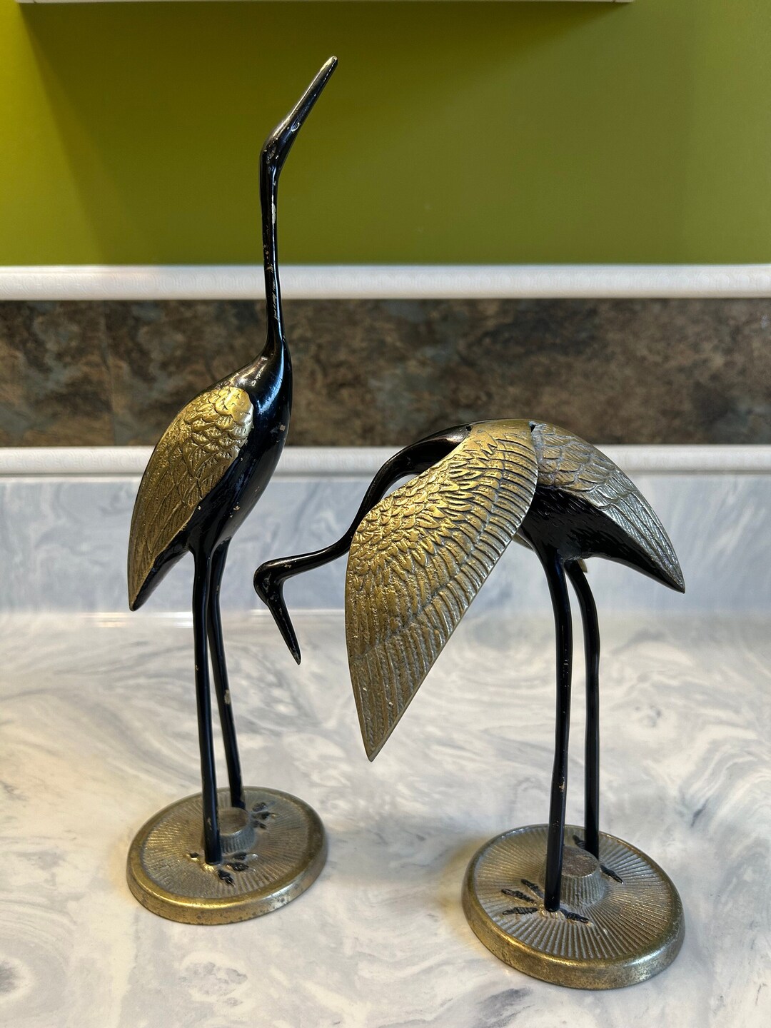 Vintage Brass & Black Enamel Crane Bird Statues - Etsy