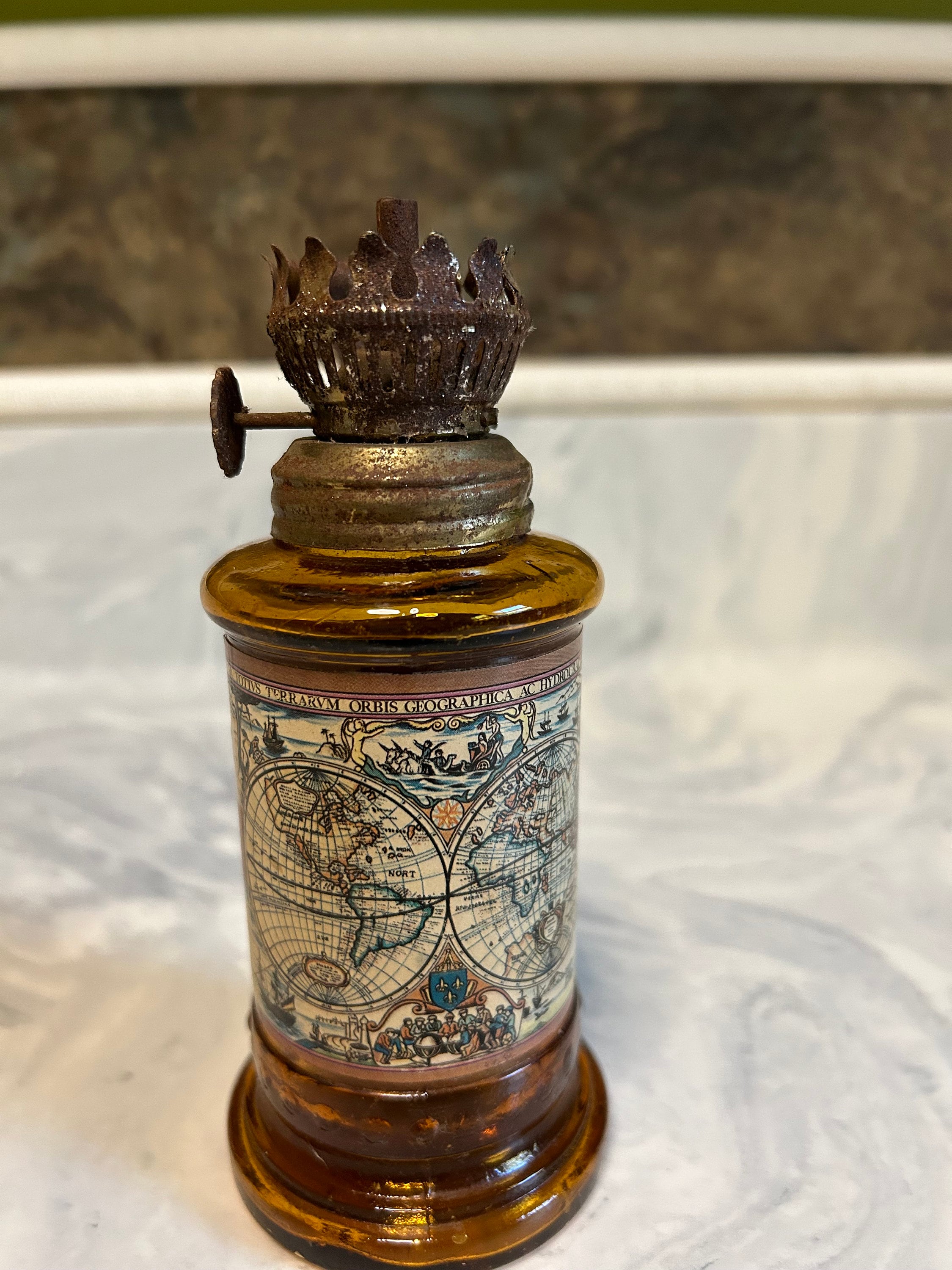 Vintage Small Brown Glass Oil Lamp - Totivs Terrarvm Orbis Geographica ...