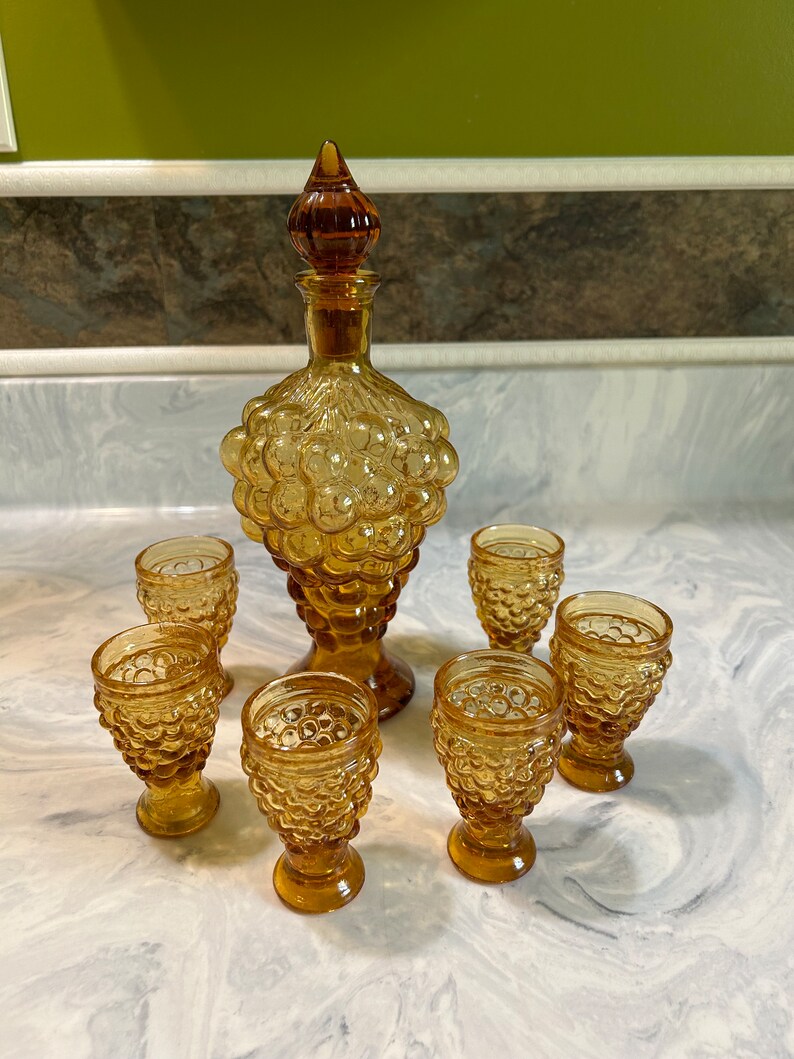 Vintage Amber Glass Decanter and 6 Shot Glasses - Etsy