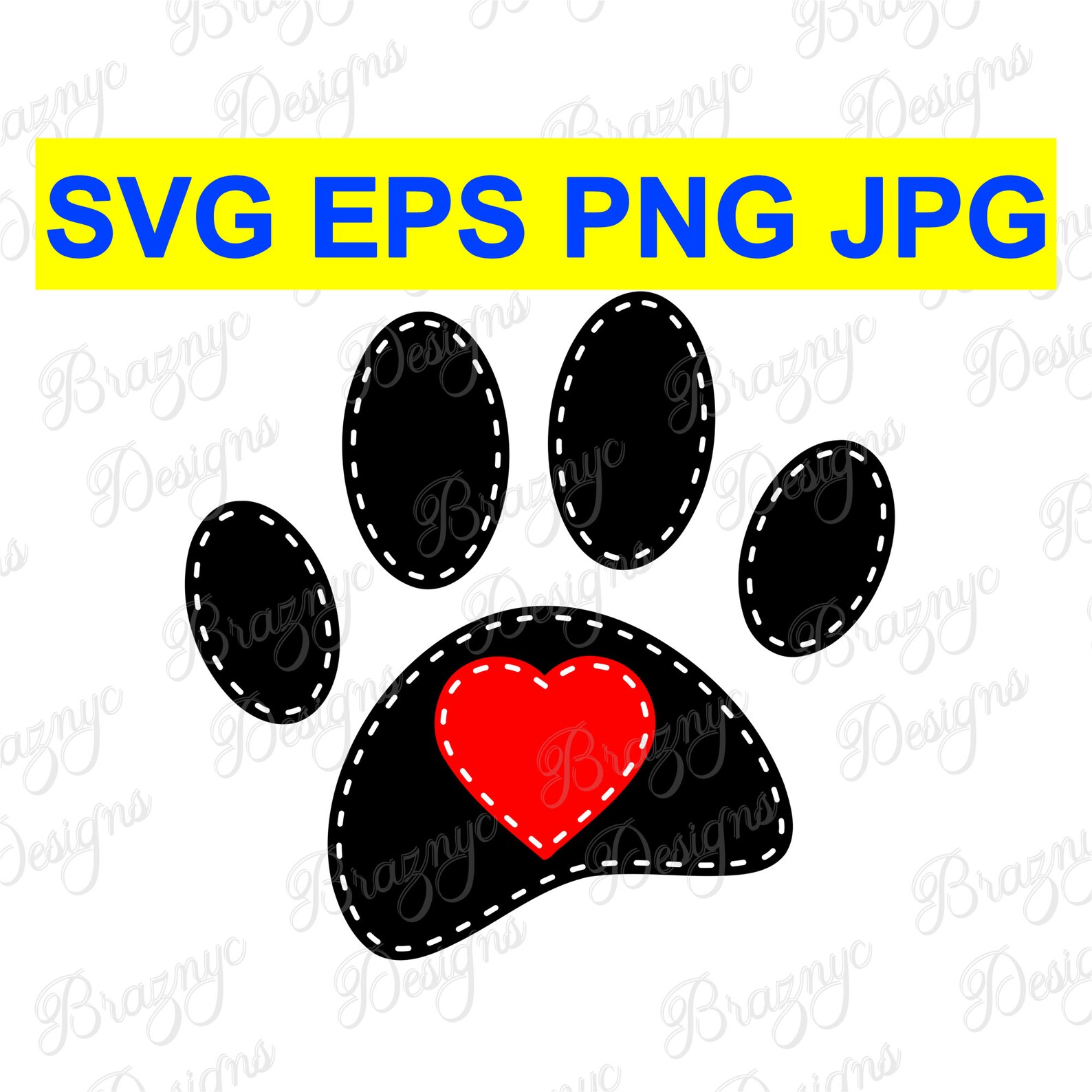 Stitched Dog Paw Print and Red Heart Vector Dog Paw Drawing for T ...