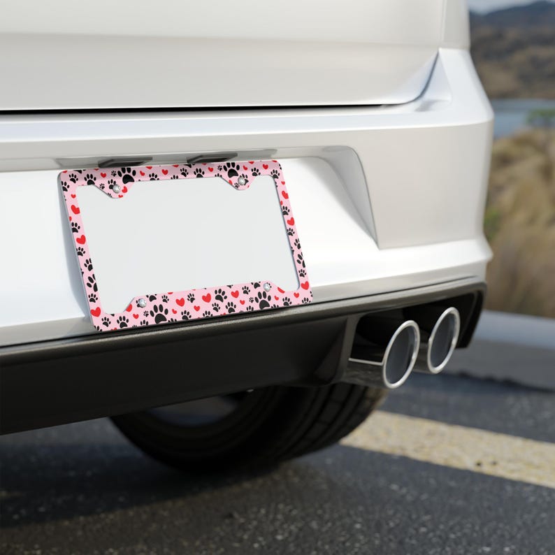 Unique License Plate Frame Dog Lovers Paw and Hearts - Light Pink Metal ...