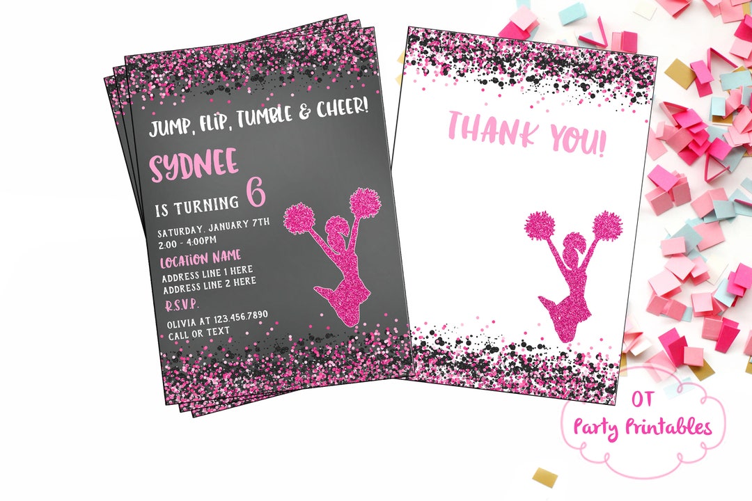 Cheerleading Digital Birthday Invitation You Print Pink Black and ...