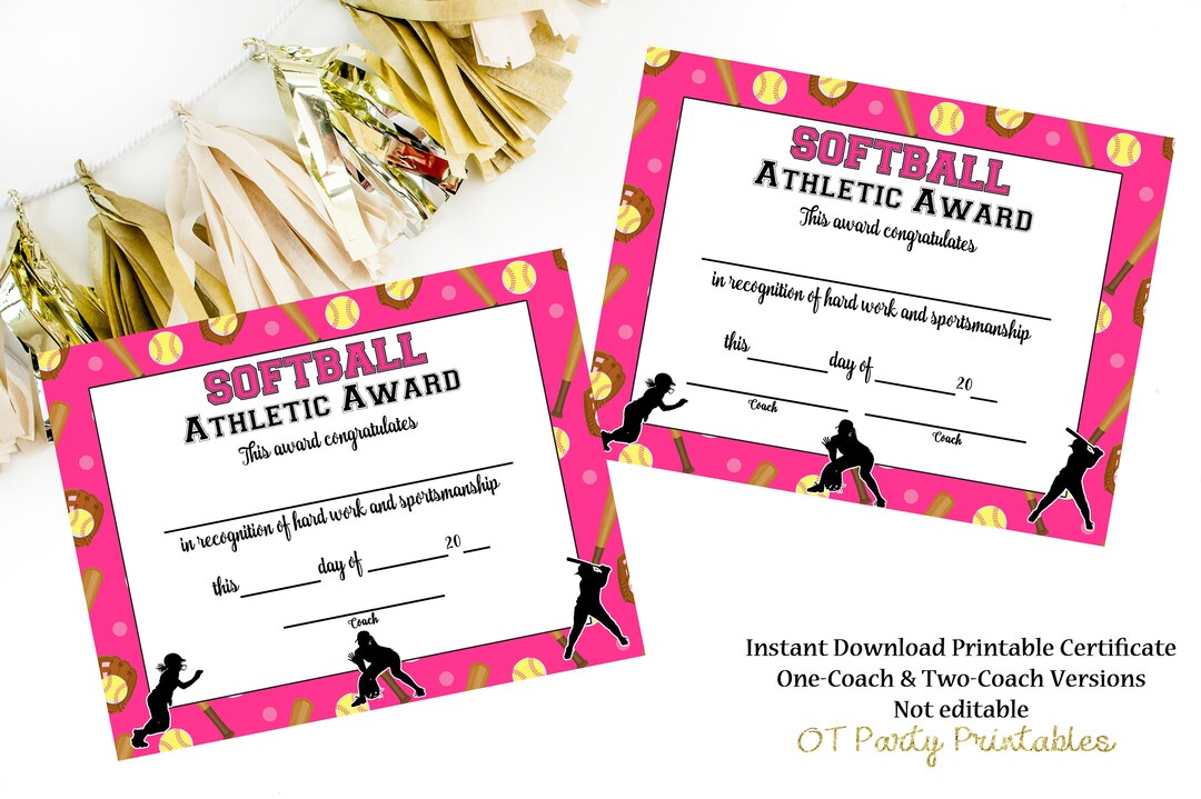 Softball Certificate of Achievement Softball Award Print at Home ...