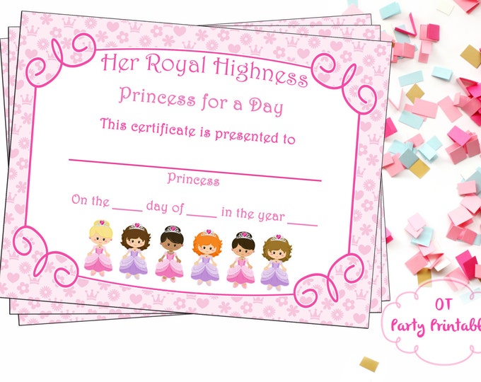 INSTANT DOWNLOAD Princess Certificate Princess Award Princess for a Day ...