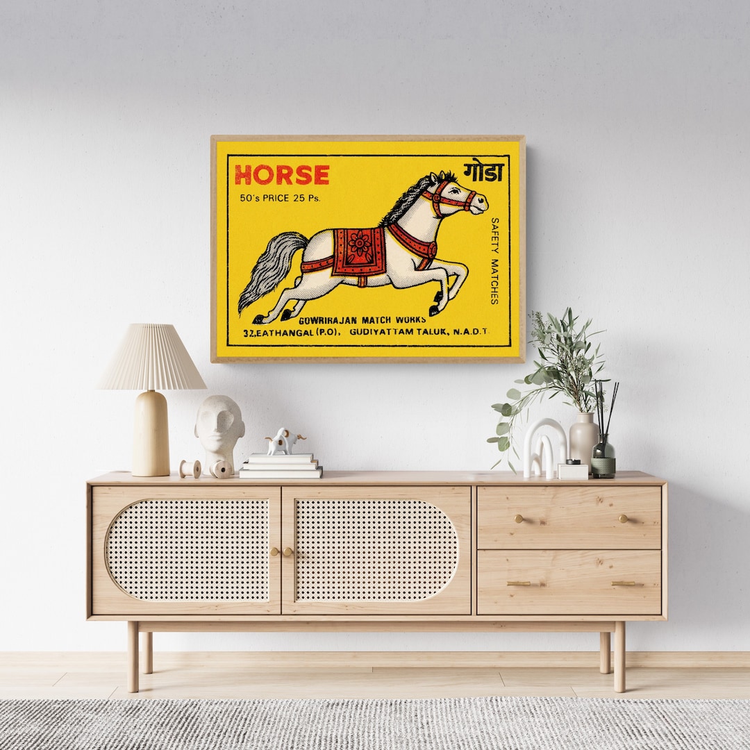 Vintage Indian Matchbox Label Art Print - White Horse on Warm Yellow ...