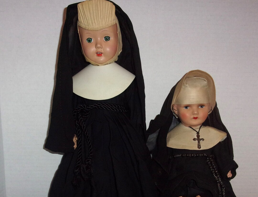 2 Vintage Nun Dolls - Hard Plastic Walker and Possibly Paper Mache ...