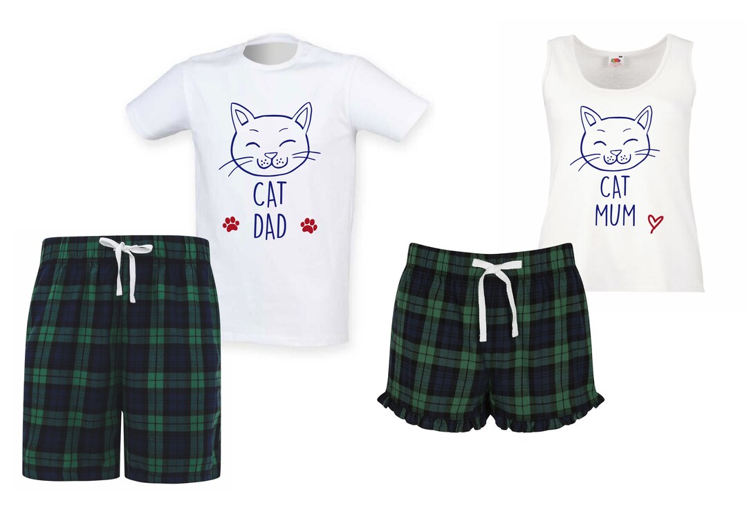 Couples Cat Pyjamas Cat Mum Dad Family Green Tartan Pyjamas Short Set ...