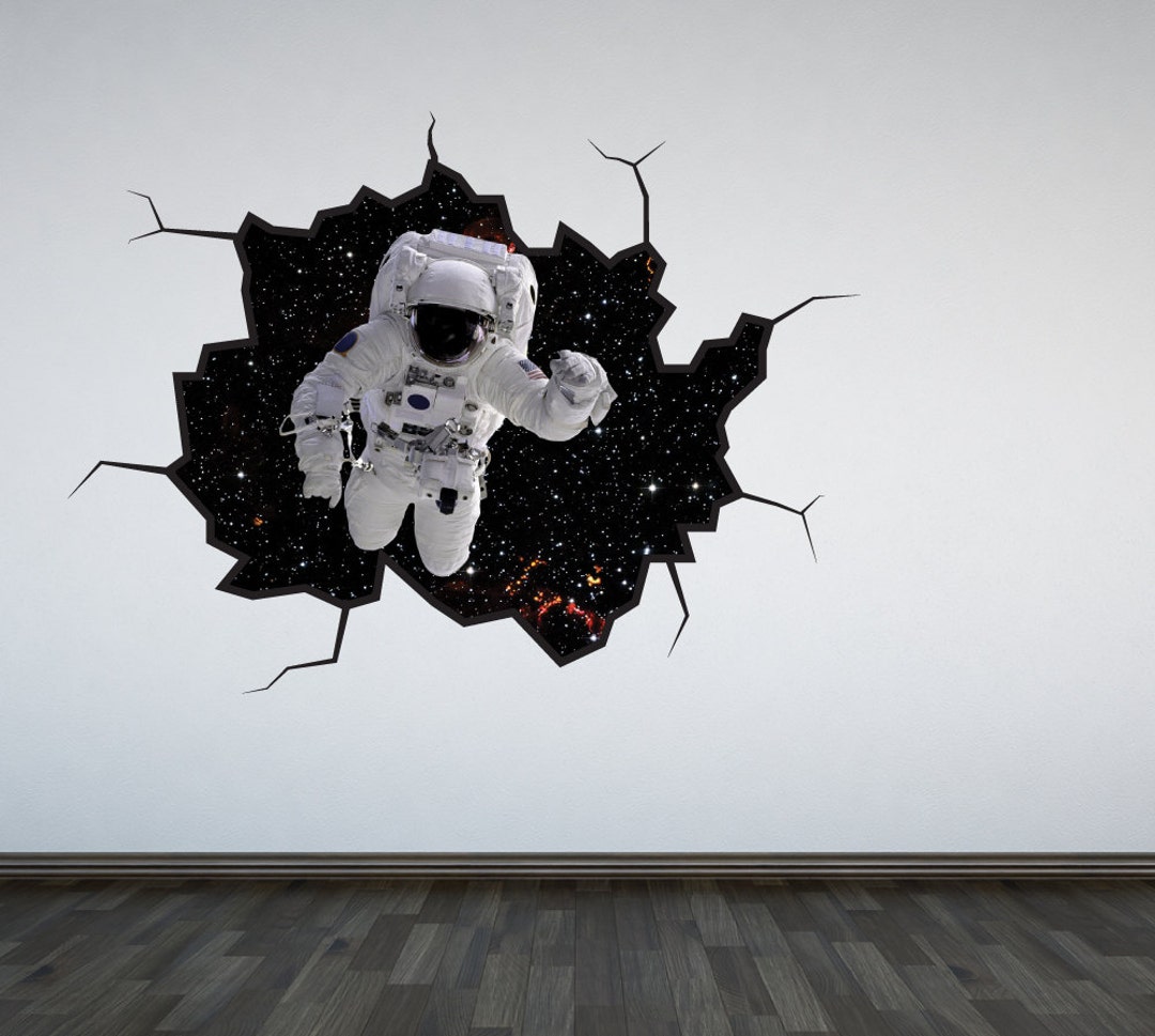 Astronaut Wall Decal Outer Space Sticker Mural Outer Space Cracked Wall ...