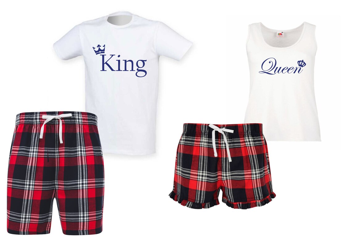 Couples King Queen Pyjamas Wedding Gift Red Tartan Pyjamas Short Set Pj ...