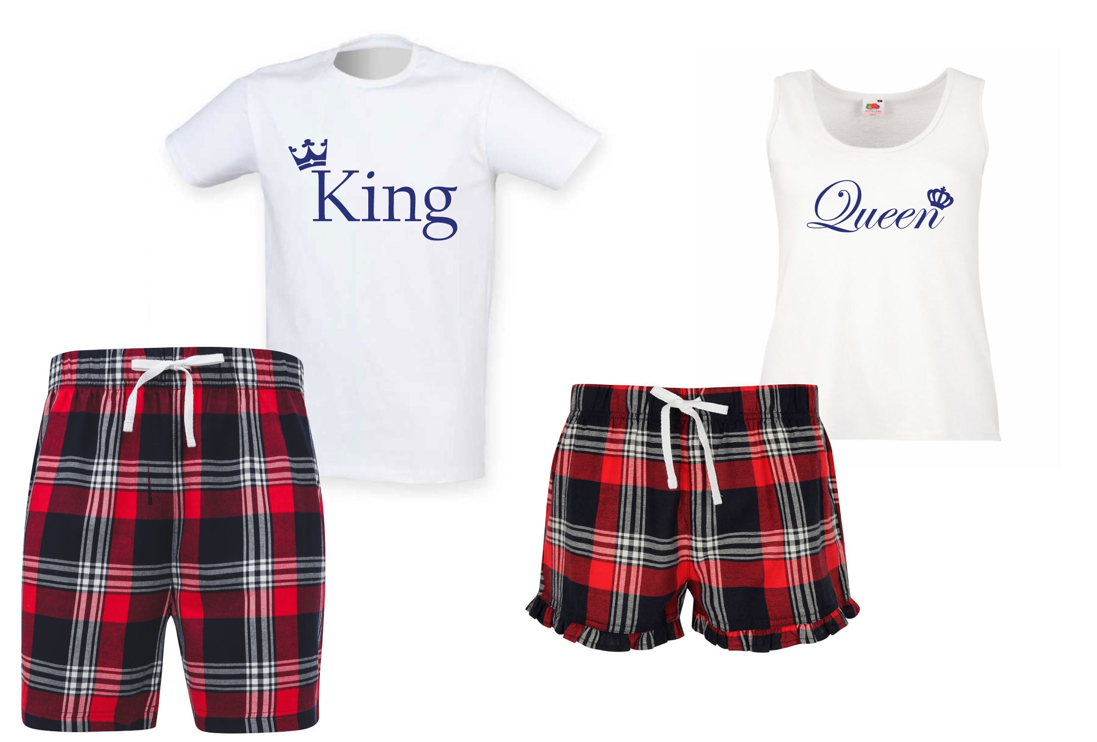 Couples King Queen Pyjamas Wedding Gift Red Tartan Pyjamas Short Set Pj ...