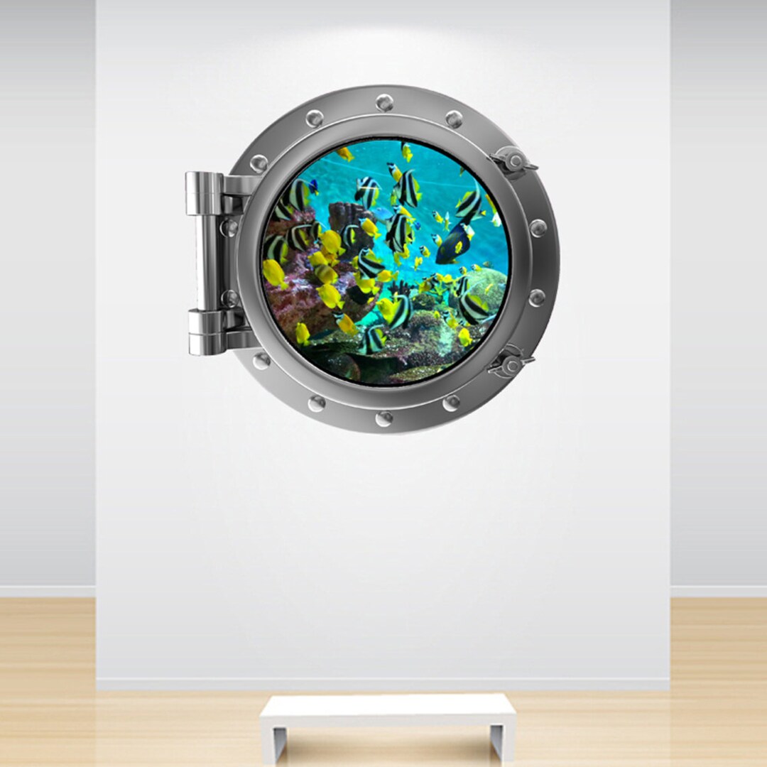 Wall Decal Aquarium Fish Tank Full Colour Under the Sea Silver Porthole ...