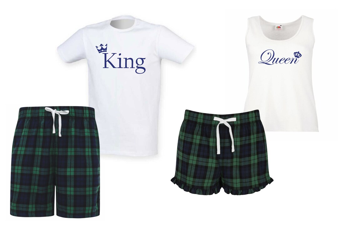 Couples King Queen Pyjamas Wedding Gift Green Tartan Pyjamas Short Set ...