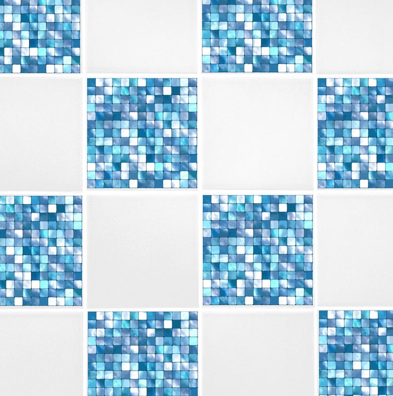 Aqua Blue Mosaic Tile Transfers 6" X 6" Printed Waterproof Vinyl Tile ...