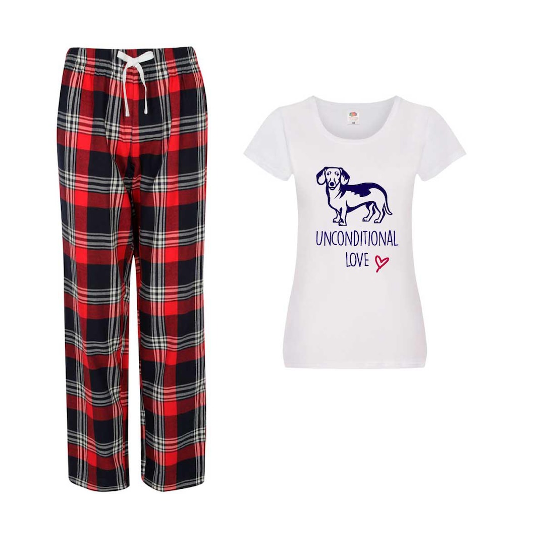 Ladies Sausage Dog Pyjamas Sausage Dog Unconditional Love Long Tartan ...