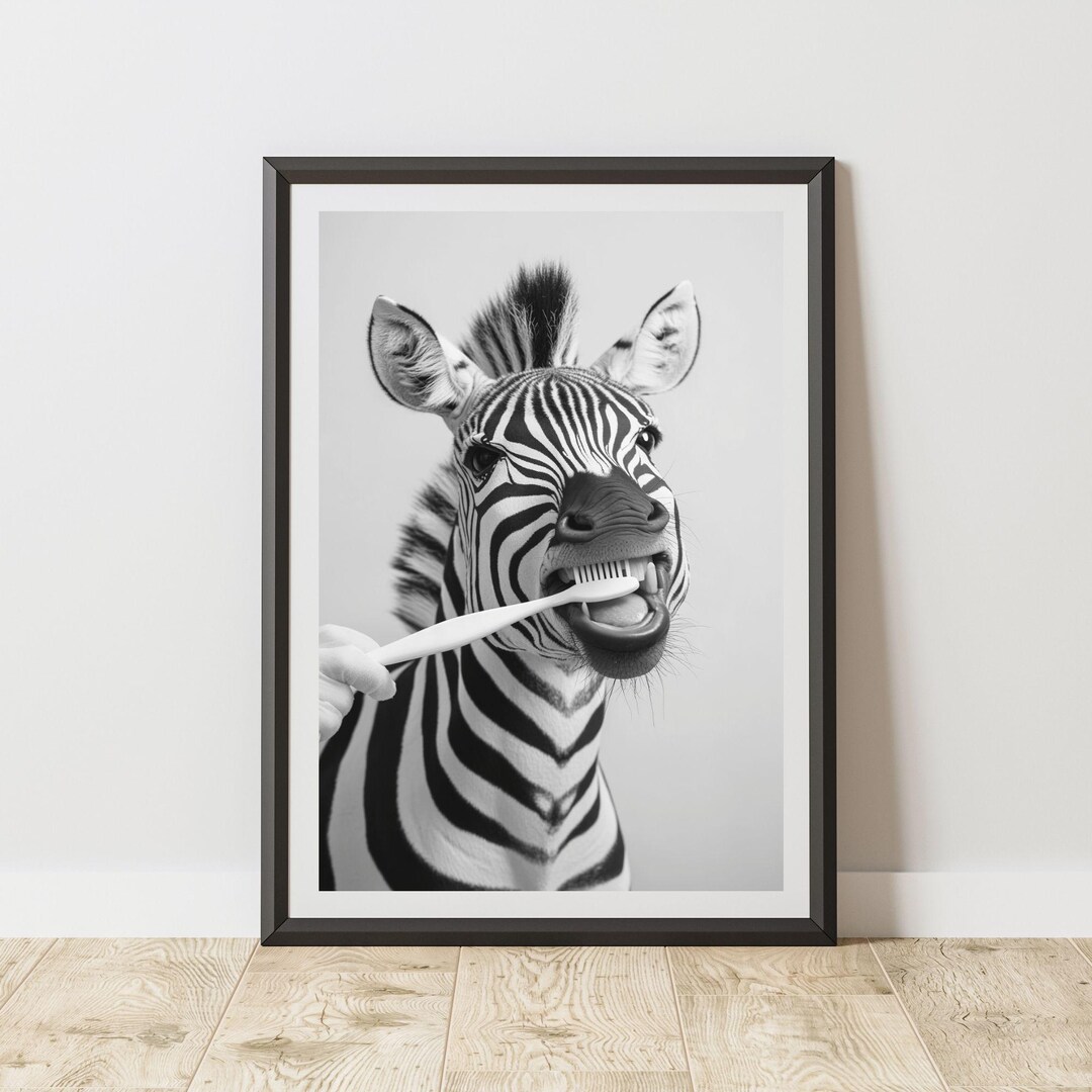 Zebra Print Brushing Teeth Quirky Animal Wall Art Poster for Bathroom ...