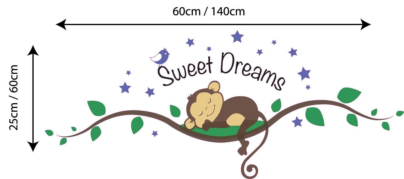 Kids Wall Decal Full Colour Sweet Dreams Cute Monkey Bedroom Nursery ...