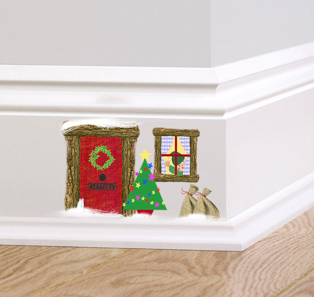 Elf Door Decal Red Peeping Elfs Illustrated Wall Sticker Christmas ...