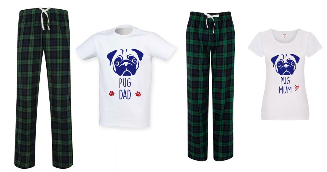 Couples Pug Pyjamas Pug Mum Pug Dad Long Green Tartan Pj's - Etsy