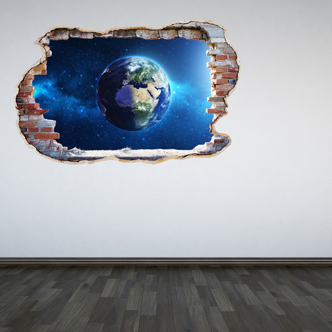 Planet Earth Wall Decal Smashed Wall 3D Effect Outer Space Sticker ...