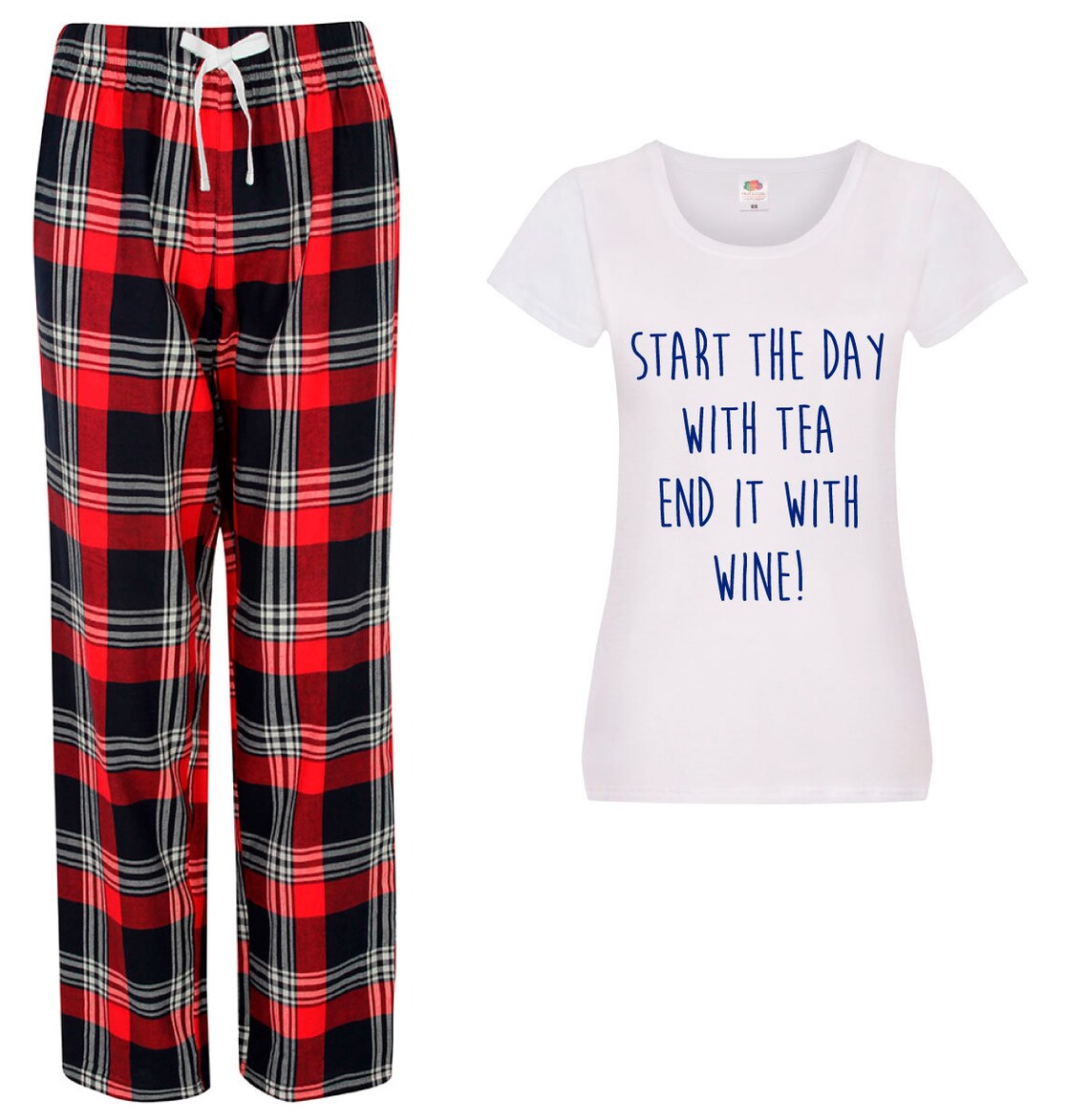 Ladies Wine Pyjamas Start the Day With Tea End It With Wine Long Tartan ...