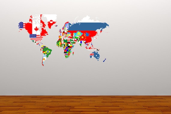 Full Colour Decal World Map Flags Wall Sticker Globe Office | Etsy