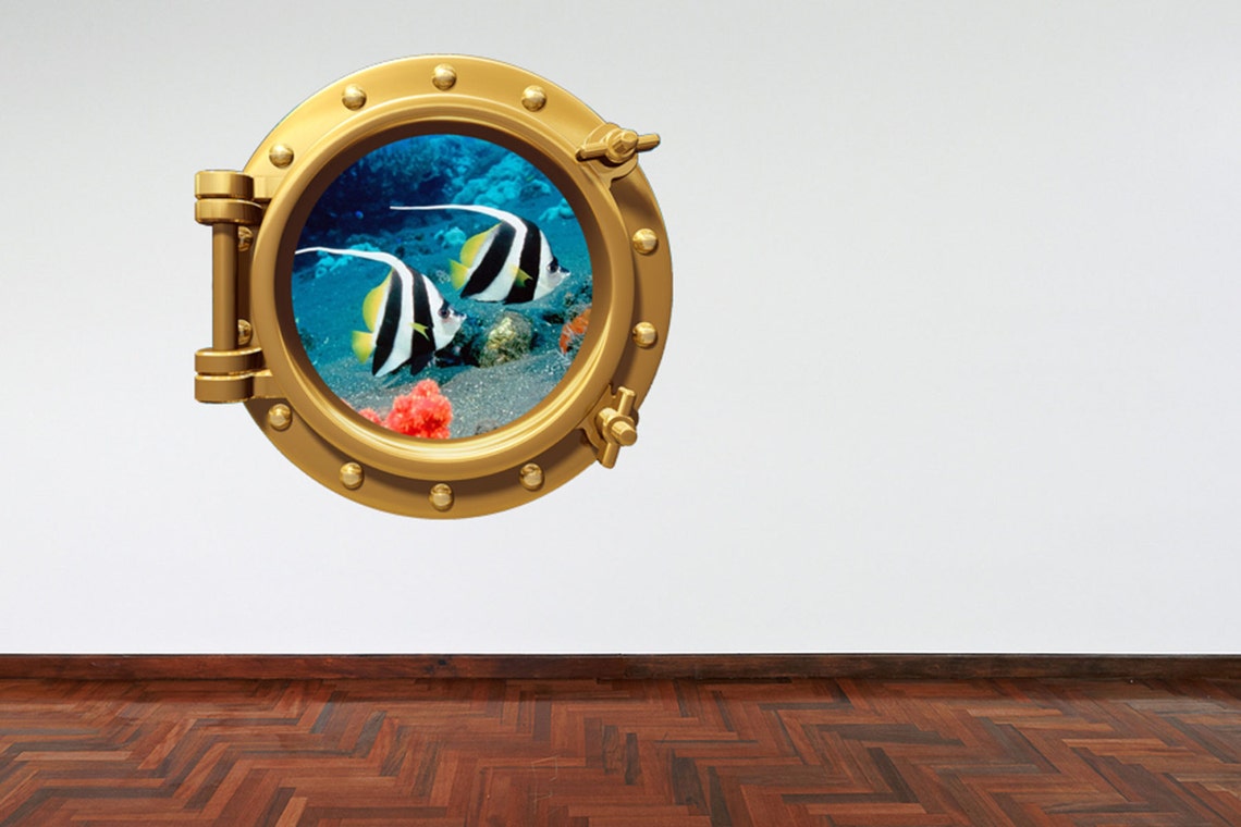Porthole Wall Decal Tropical Fish Brass Gold Porthole Wall | Etsy