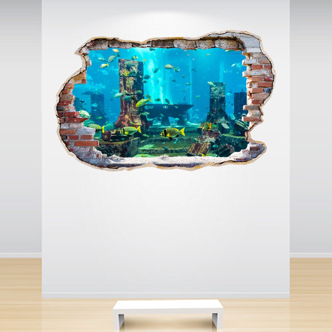 Aquarium Fish Wall Decal Smashed Wall 3D Effect Under the Sea Ocean ...